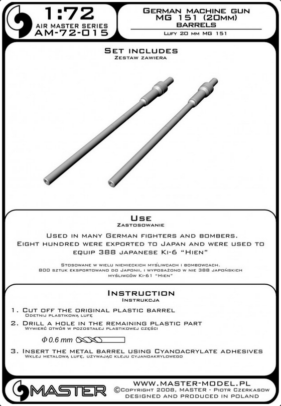 German Machine Gun MG151 (20mm) Barrels (2pcs) - MASTER MODEL 72-015 ...